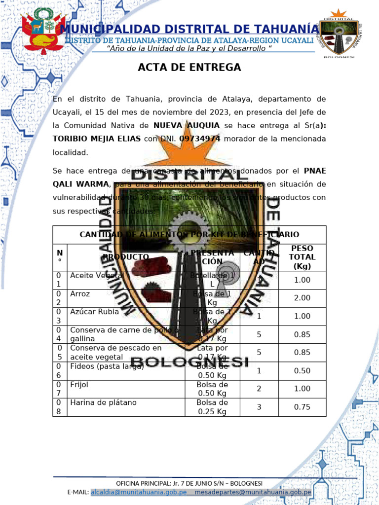 Acta de Entrega-Ccnn Nueva Auquia | PDF | Pasta | Maíz