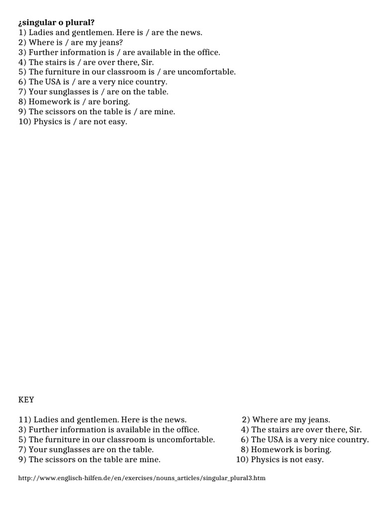 EXERC Â¿singular o Plural IN SENTENCES | PDF