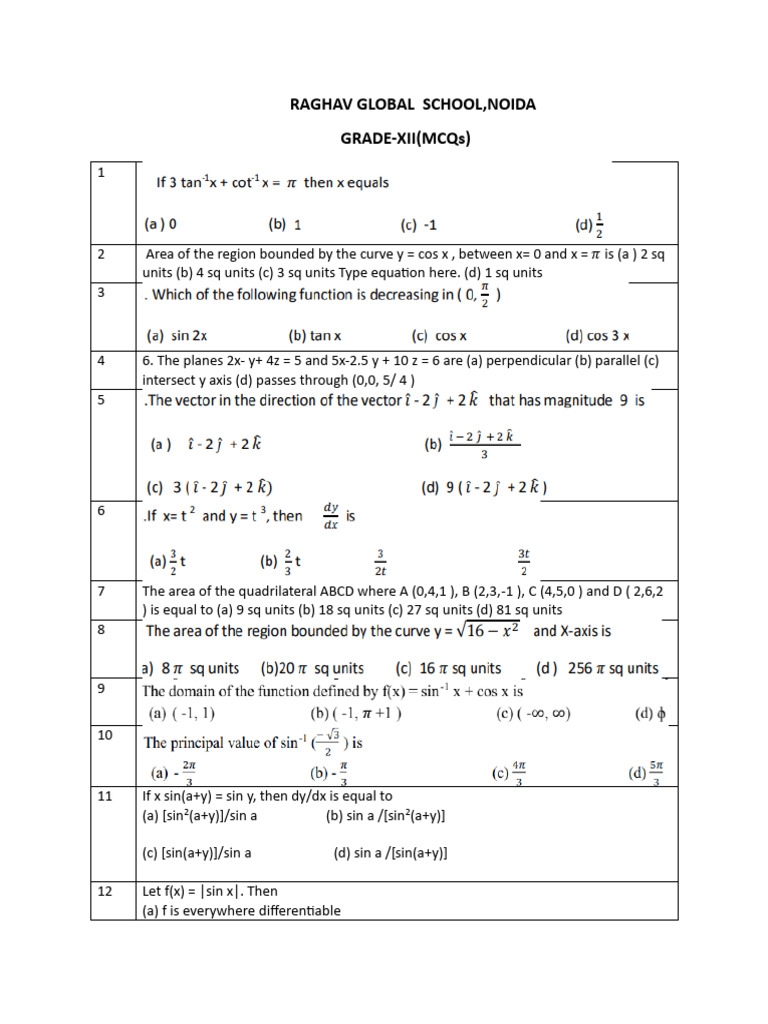 Grade XII Math MCQs for Raghav School | PDF