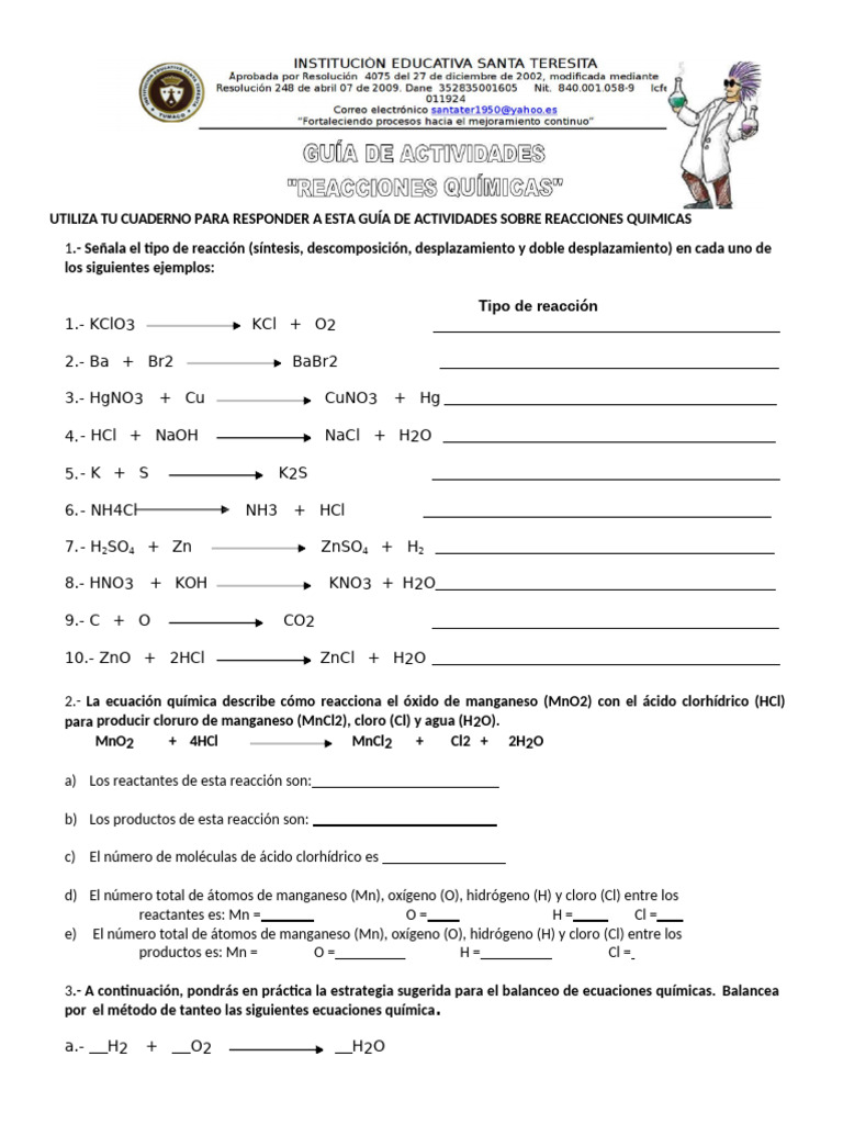 Guia de Actividades Reacciones Quimicas 10° | PDF | Cloro | Ácido ...