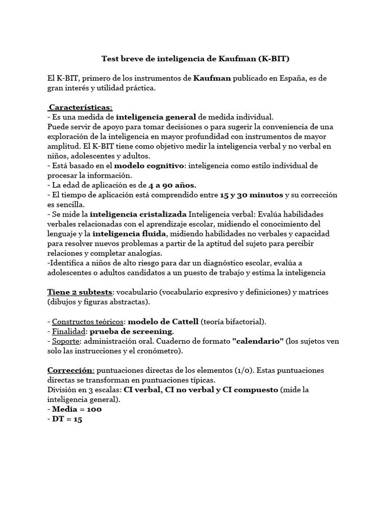 Test de Inteligencia K-BIT: Características y Uso | PDF