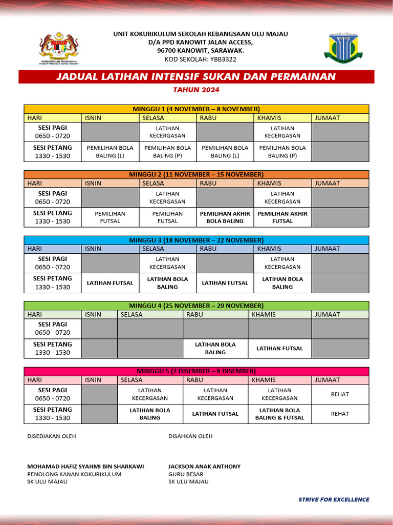 Jadwal Latihan Sukan 2024 SK Ulu Majau | PDF