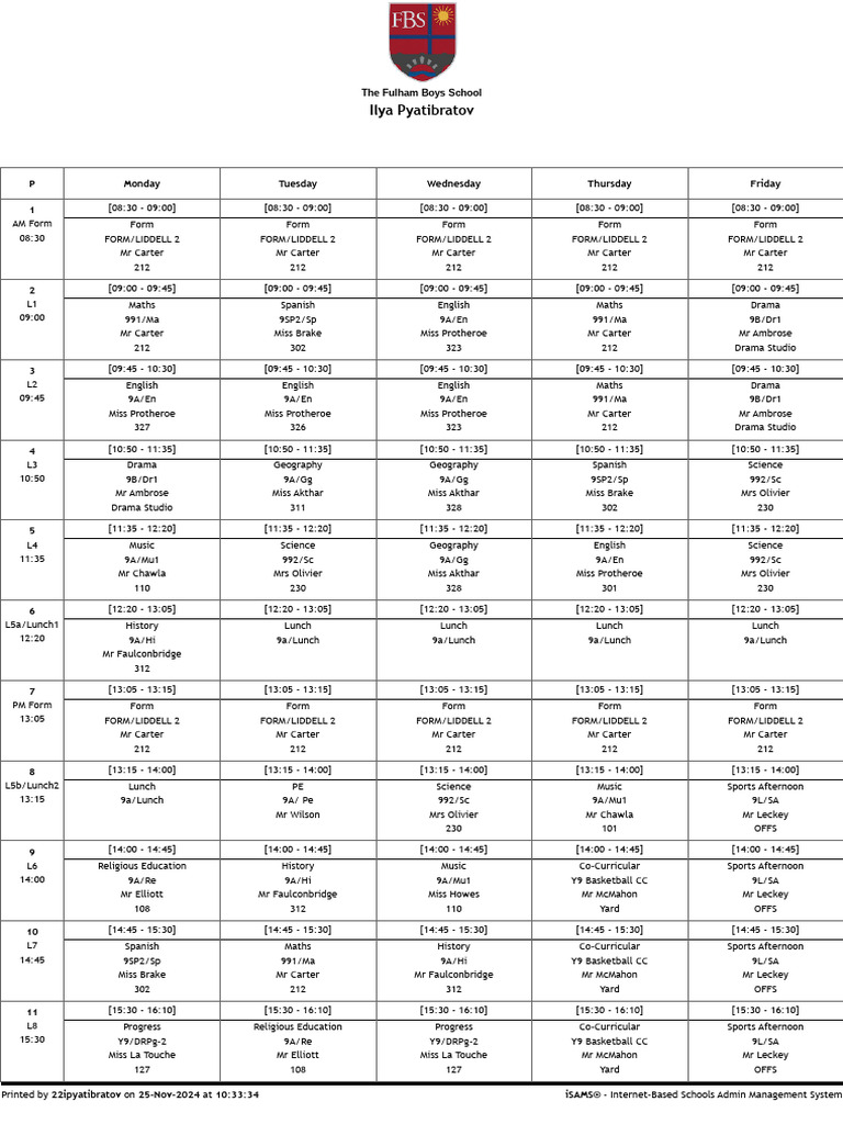 The Fulham Boys School Pupil Portal - My Timetable | PDF
