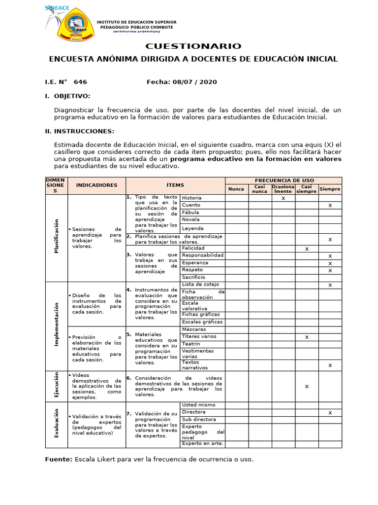 Encuesta Cuestionario Pract. | PDF | Educación de la primera infancia | Evaluación