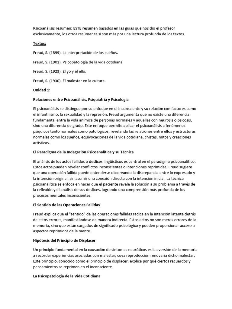 Psicoanálisis Resumen UNIDAD 1 | PDF | Psicoanálisis | Mente inconsciente