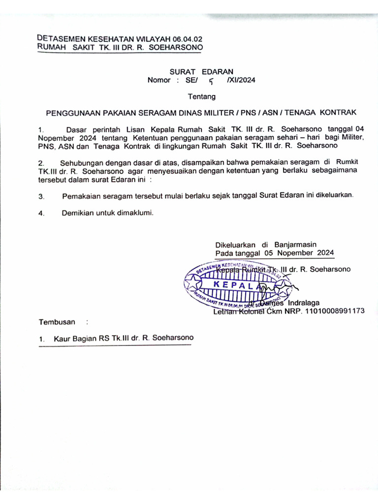 SK Penggunaan Pakaian Seragam Rumkit TK III DR R Soeharso | PDF