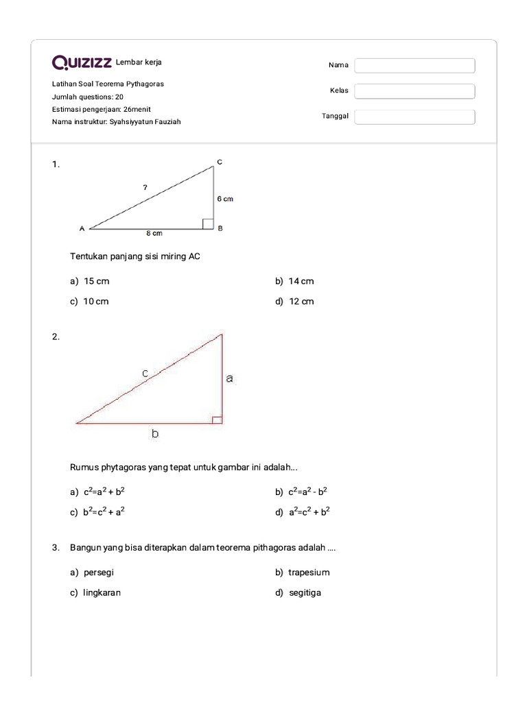 Latihan Soal Teorema Pythagoras Quizizz Pdf