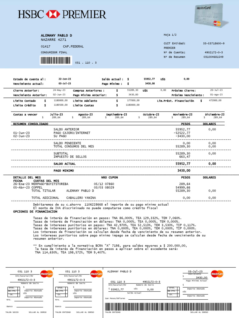 Resumen de Cuenta Tarjeta HSBC | PDF | Tarjeta de crédito | Tarjeta de ...