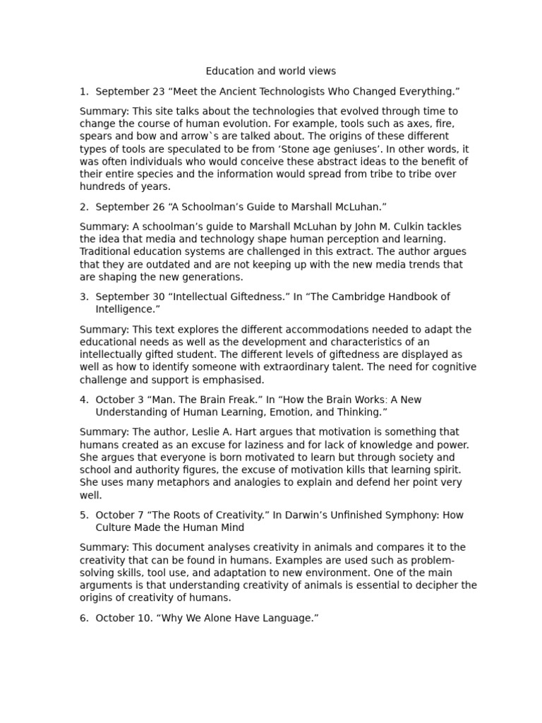 Education and World Views Summaries | PDF