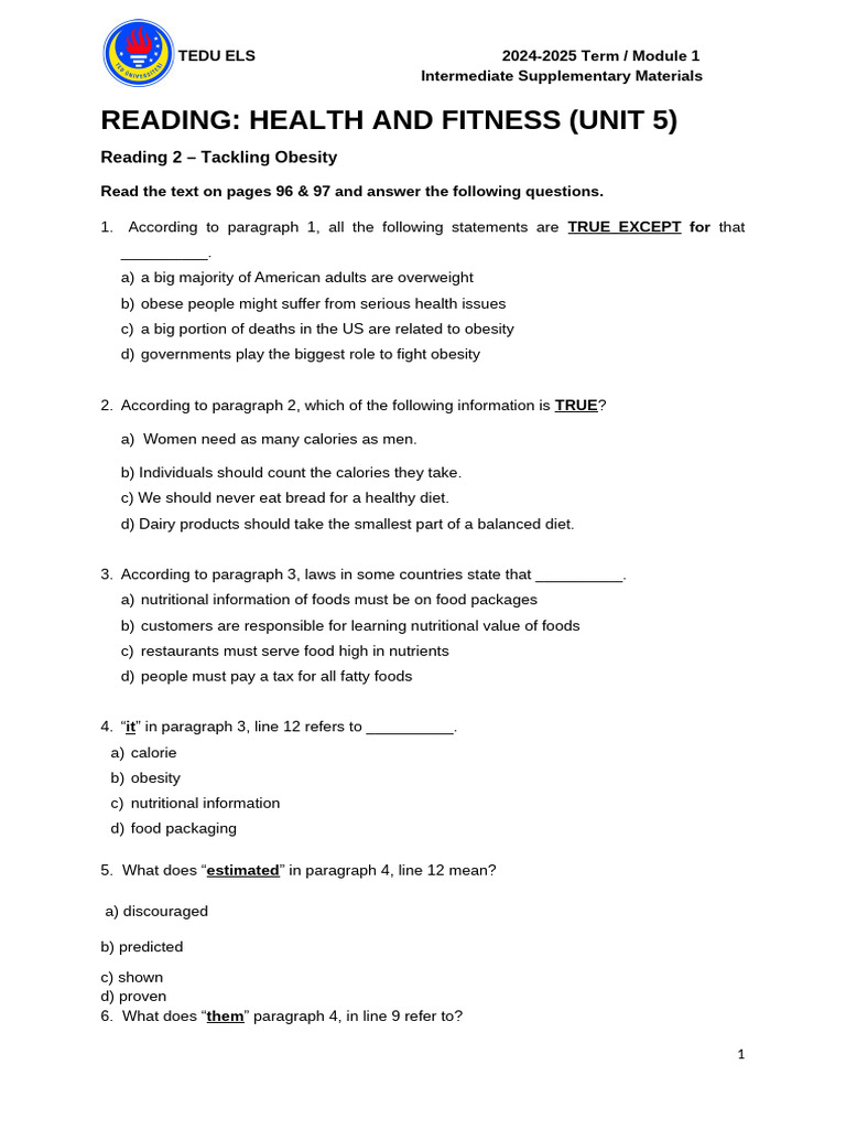 Prism U5 Sıpp. Questions - Ss | PDF | Healthy Diet | Diet (Nutrition)