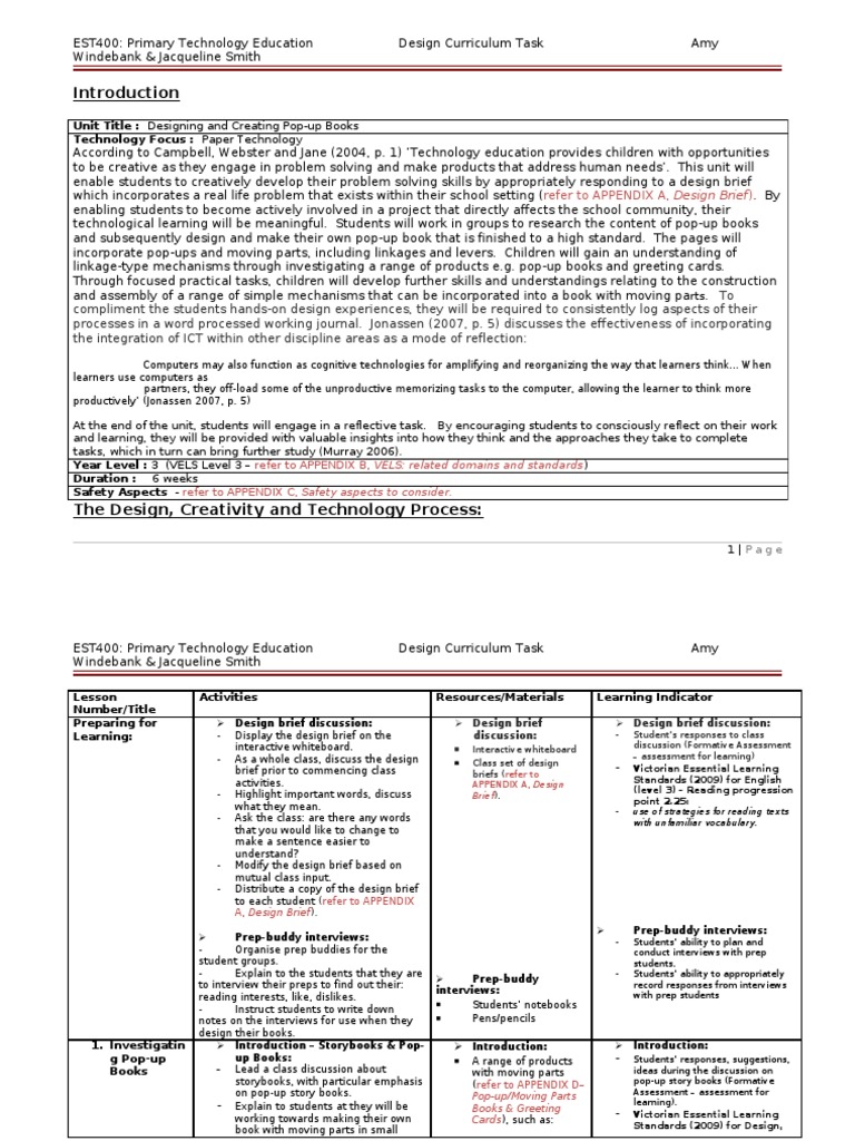 Pop-Up Books Technology Unit of Work | PDF | Educational Assessment ...