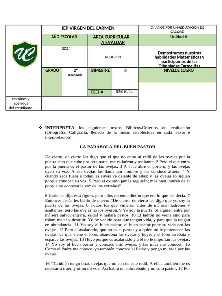 Examenes 2 Secundaria V Unidad | PDF