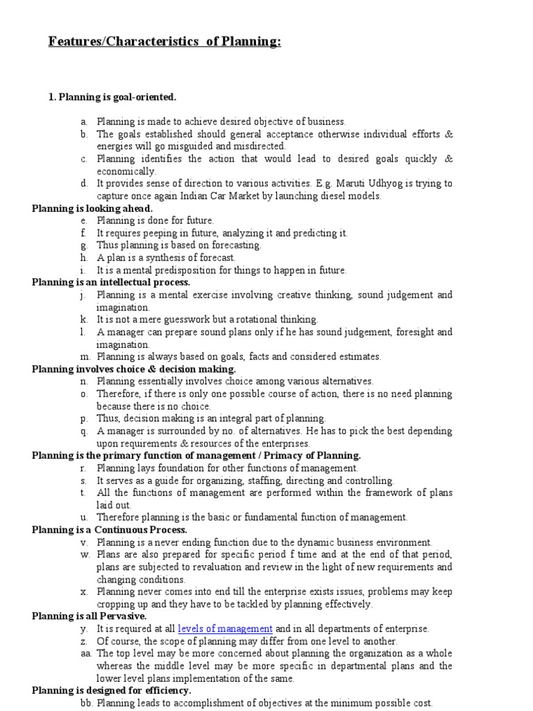 Features/Characteristics of Planning | PDF | Goal | Strategic Planning