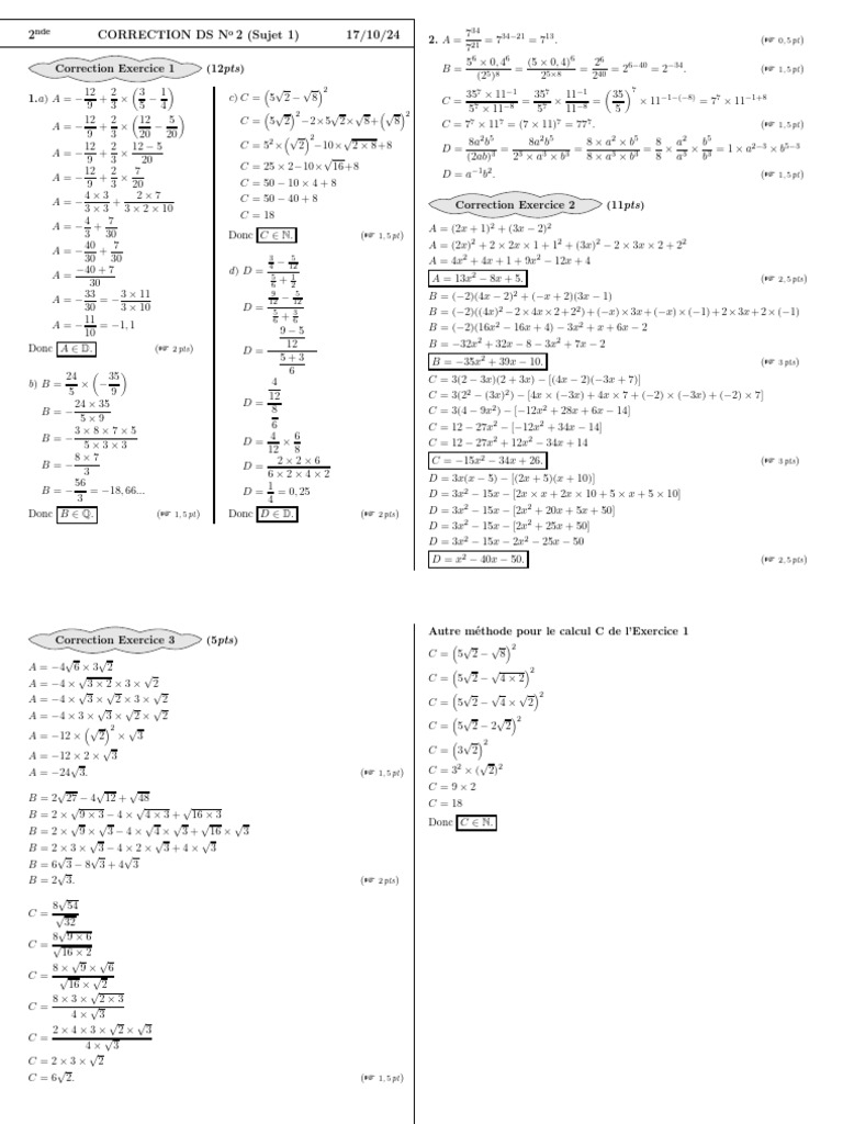 2nde Correction DS2 2024-2025 Sujet1 | PDF