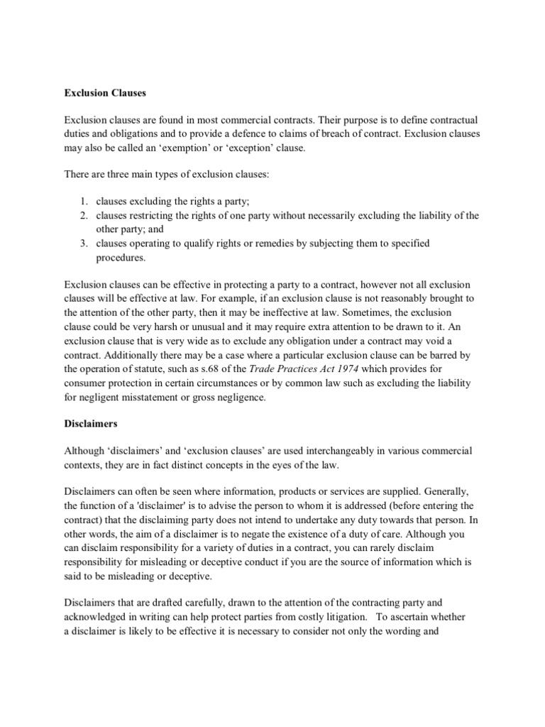 Exclusion Clauses | PDF | Disclaimer | Negligence