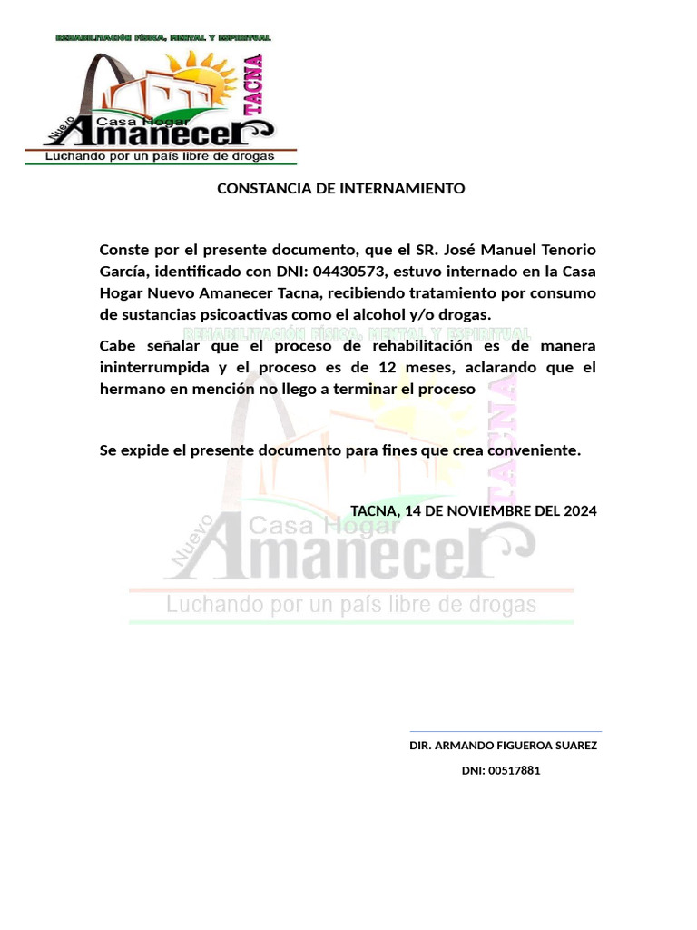 CONSTANCIA DE INTERNAMIENTO Angelo | PDF