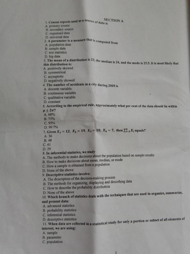 2021 Stat Quiz and Exam Questions | PDF