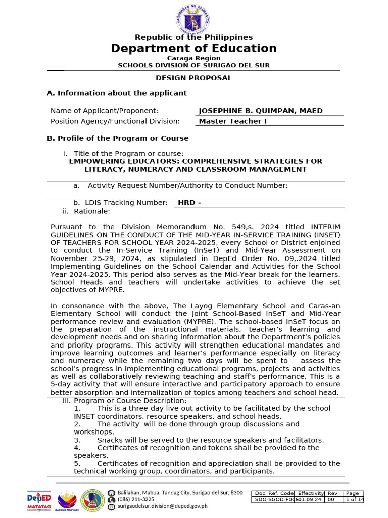 Inset Proposal For Teaching Sy 2024-2025 | PDF | Behavior Modification ...