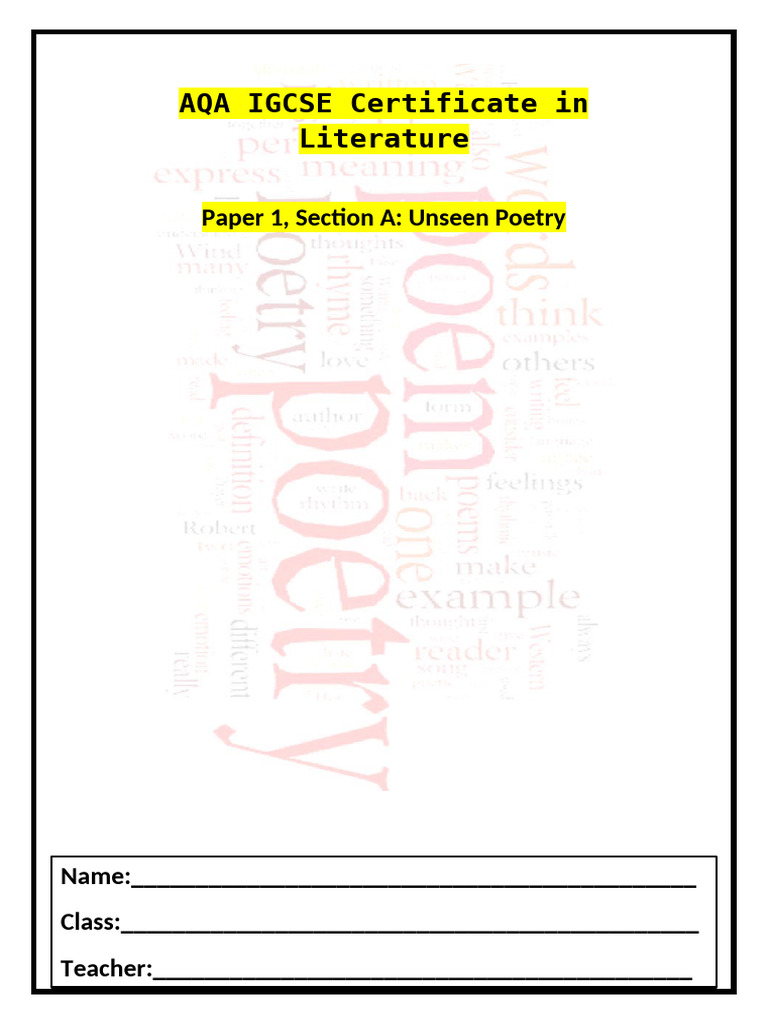 AQA IGCSE Certificate in Literature: Paper 1, Section A: Unseen Poetry ...