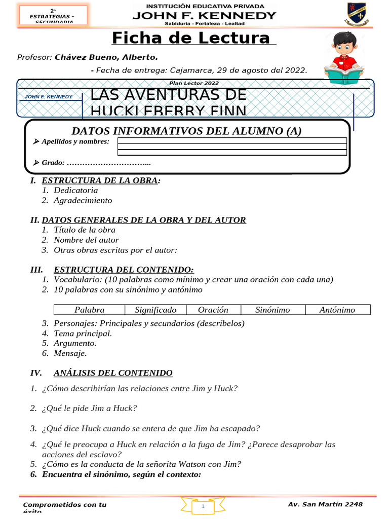 Ficha 2do Grado - LAS AVENTURAS DE HUCKLERBERRY FINN | PDF | Aventuras de Huckleberry Finn