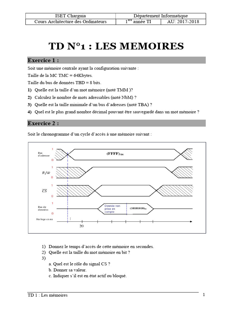 TD1 Les Mémoires 3 | PDF | Mémoire (informatique) | Mémoire vive