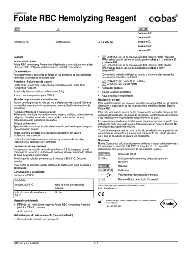 Insert - Folate RBC Hemolyzing Reagent.05944317500.V8.Es | PDF ...