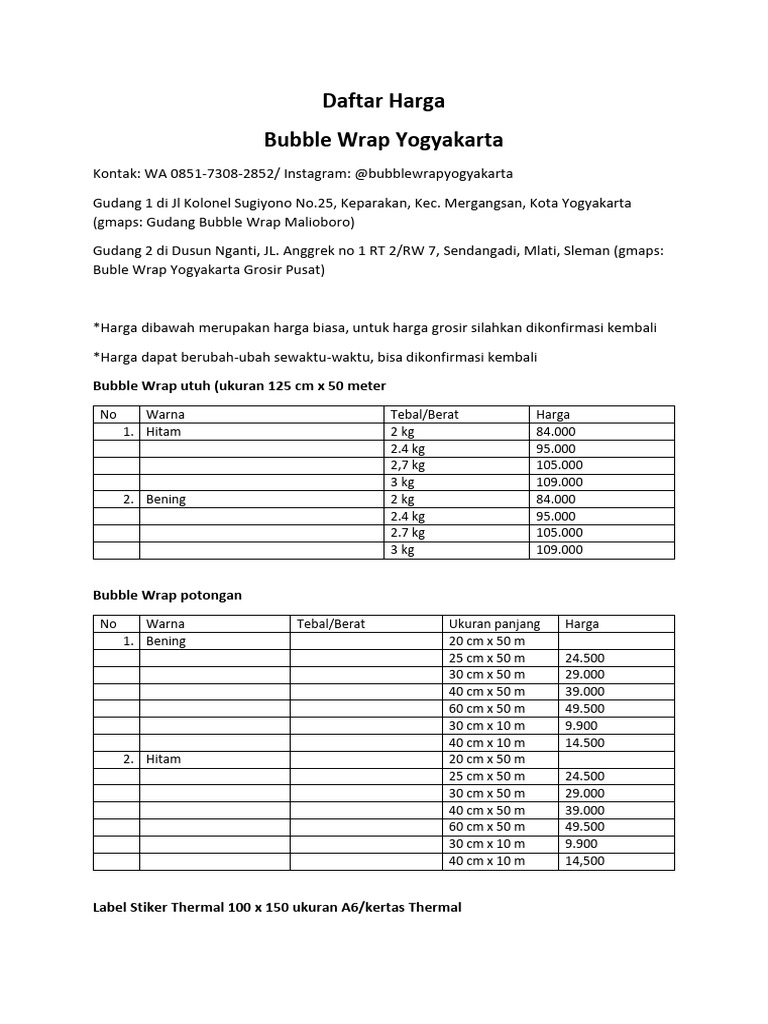 Daftar Harga Bubble Wrap Jogja | PDF