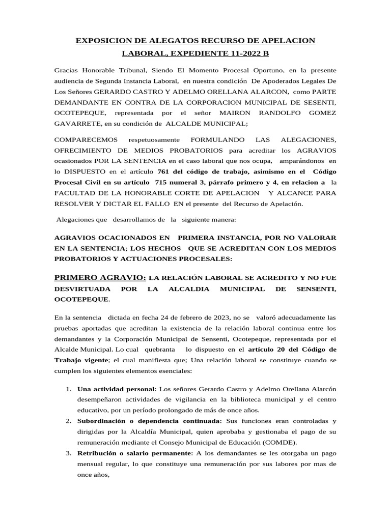 Exposicion Agravios Apelacionlaboral | PDF | Derecho laboral | Salario