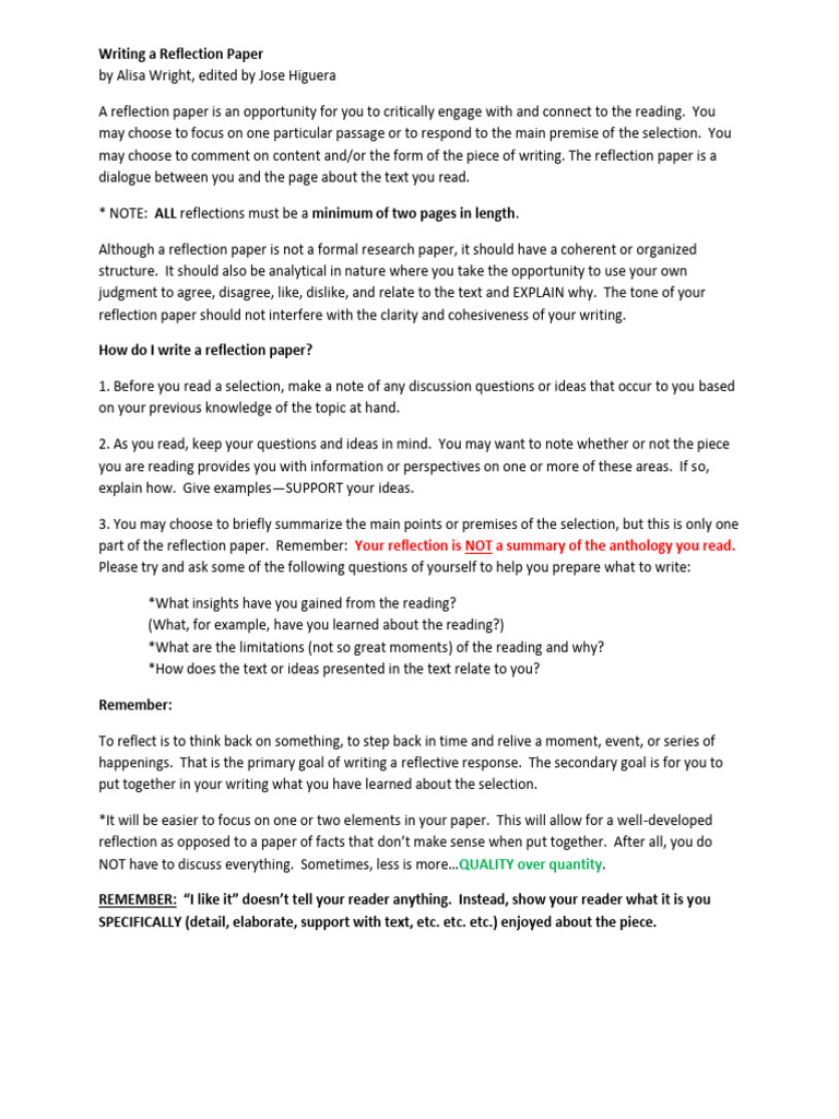 Writing A Reflection Paper | PDF | Proofreading | Cognition