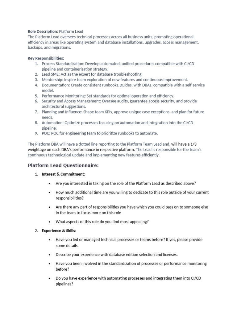 Platform Lead Questionnaire and KPIs | PDF | Databases | Mentorship
