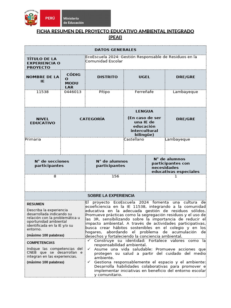 Ficha Resumen Del Proyecto Educativo Ambiental Integrado | PDF | Reciclaje | Residuos