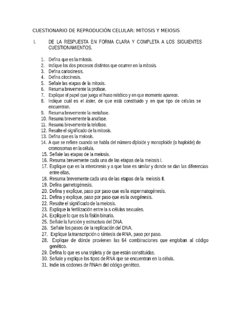 Cuestionario de Reprodución Celular | PDF