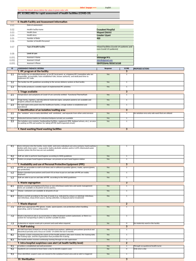 IPC ASSESMENT TOOL | PDF | Hand Washing | Personal Protective Equipment