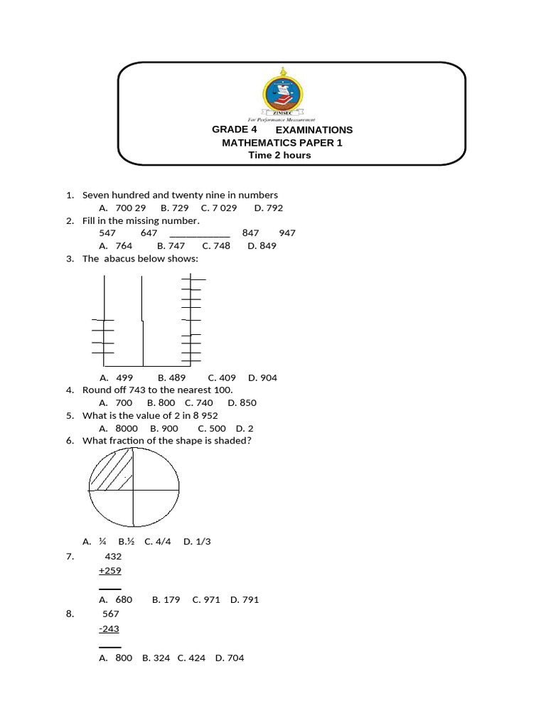 GRADE 4 Maths Paper 1 MID YEAR 2019 | PDF | Geometric Shapes ...