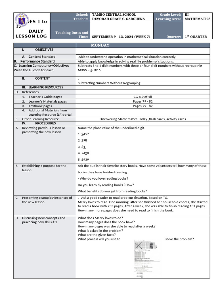DLL - Mathematics 3 - q1 - w7 First Cot 2024 | PDF | Subtraction ...