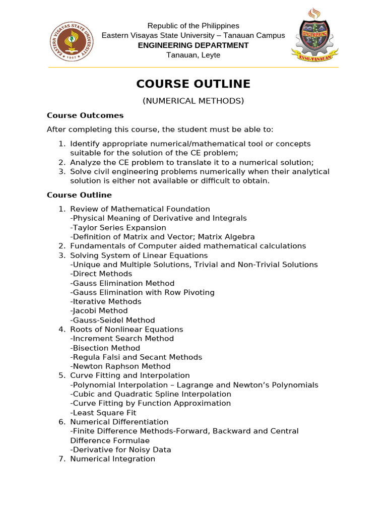 Course-Outline-Numerical-Methods (1) | PDF | Numerical Analysis | Equations Course-Outline-Numerical-Methods (1) | PDF | Numerical Analysis | Equations