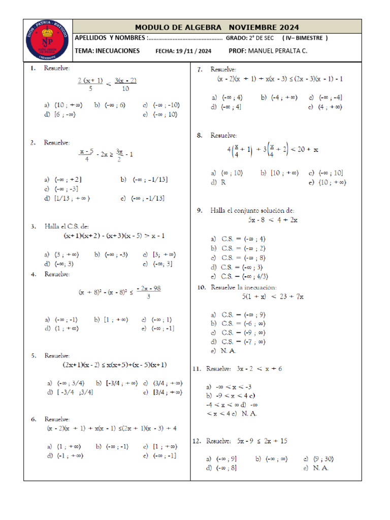 Z.modulo Algebra 2024 Inecuaciones .2ano IV Bimestre. | PDF