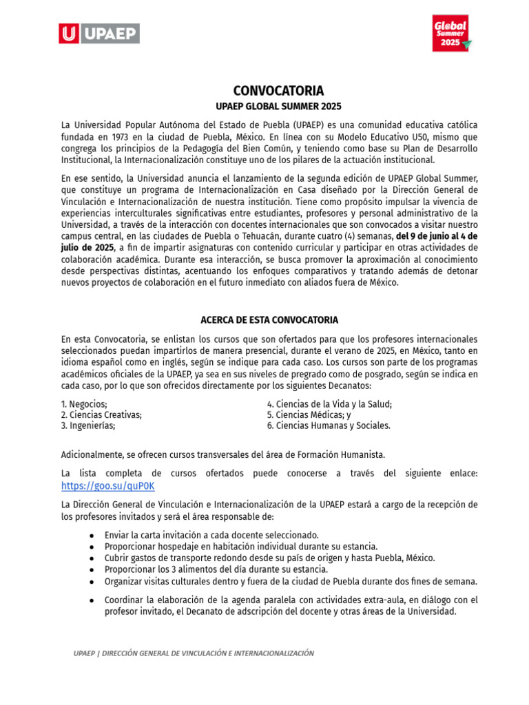 Convocatoria UPAEP Global Summer 2025 | PDF | Maestros | México