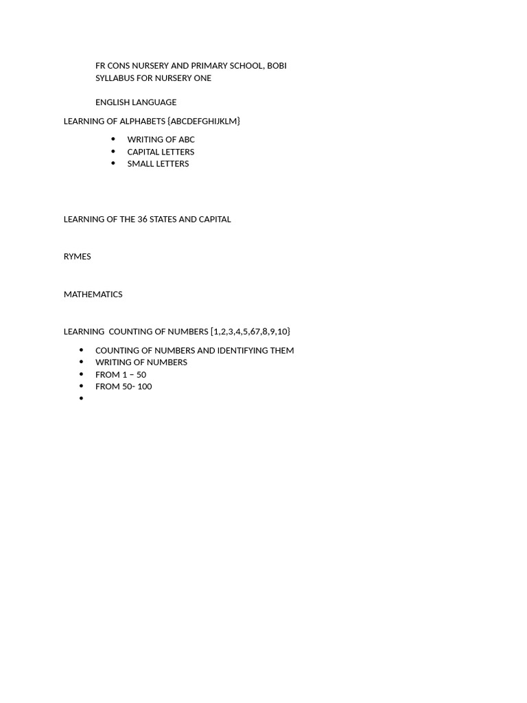 Nursery Class Syllabus Overview | PDF