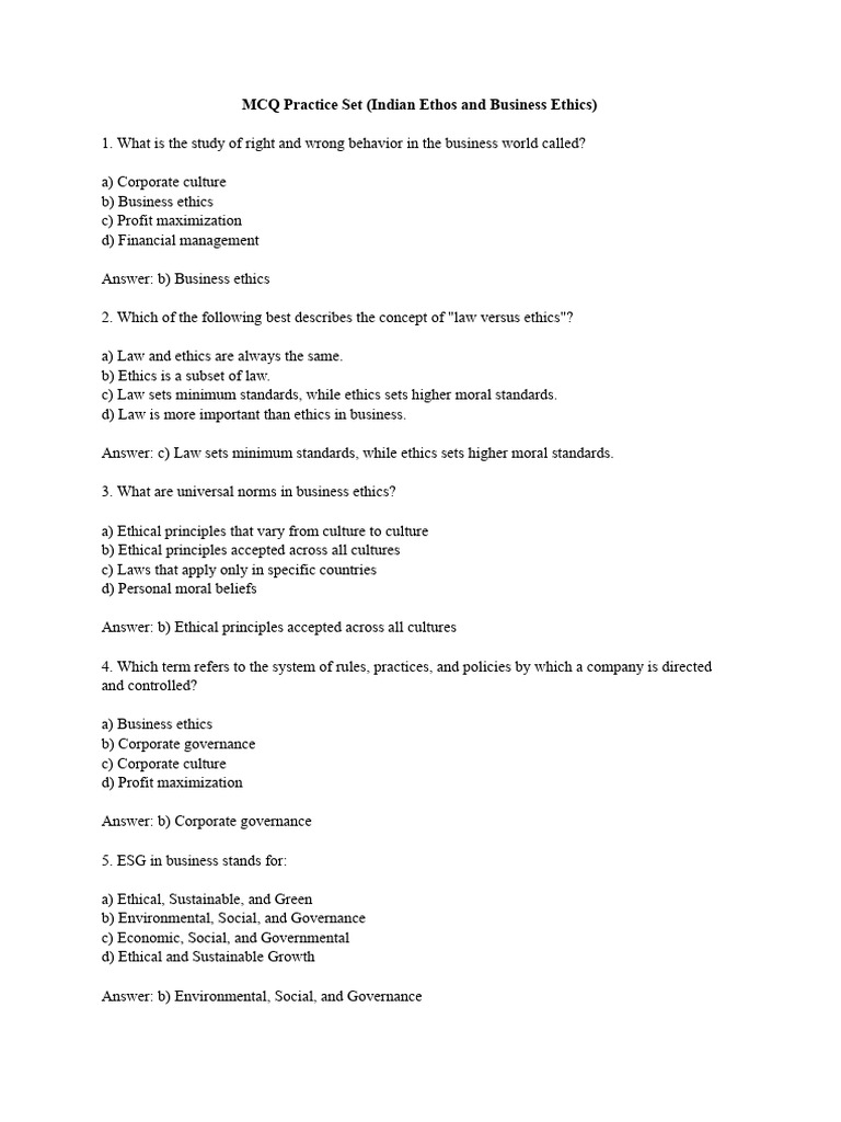 Indian Ethos and Business Ethics MCQ Practice Set | PDF | Business ...