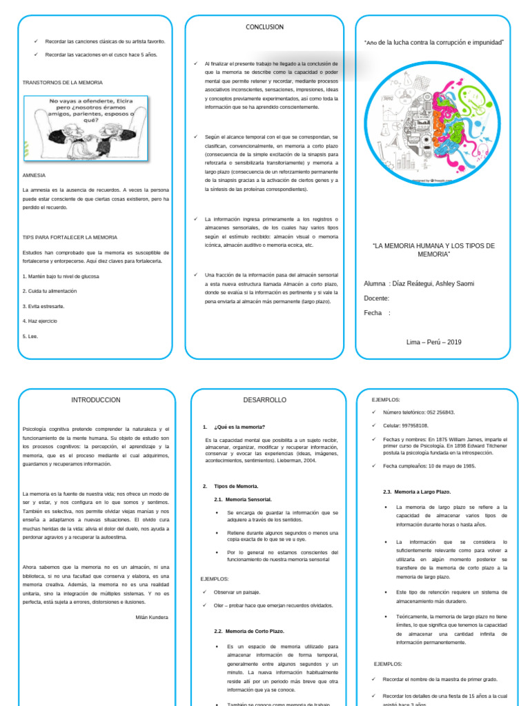 Triptico de La Memoria Humana y Los Tipos de Memoria. | PDF | Memoria | Cognición