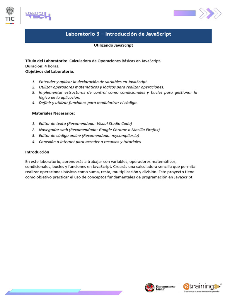 Laboratorio 3. Calculadora de Operaciones Básicas en JavaScript | PDF | Script Java | Variable ...