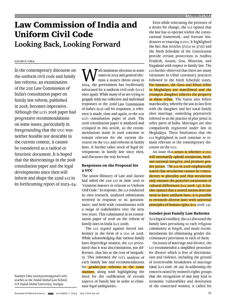 Saumya Uma - Law Commission of India and UCC | PDF | Marriage ...