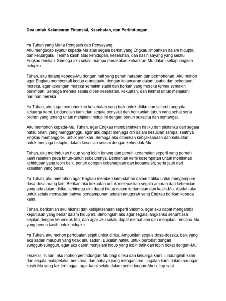 Doa Untuk Kelancaran Finansial, Kesehatan, Dan Perlindungan | PDF