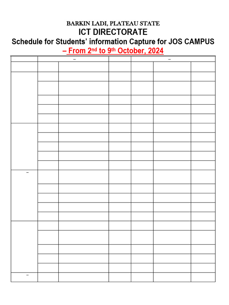 Jos Campus Student Info Capture Schedule | PDF