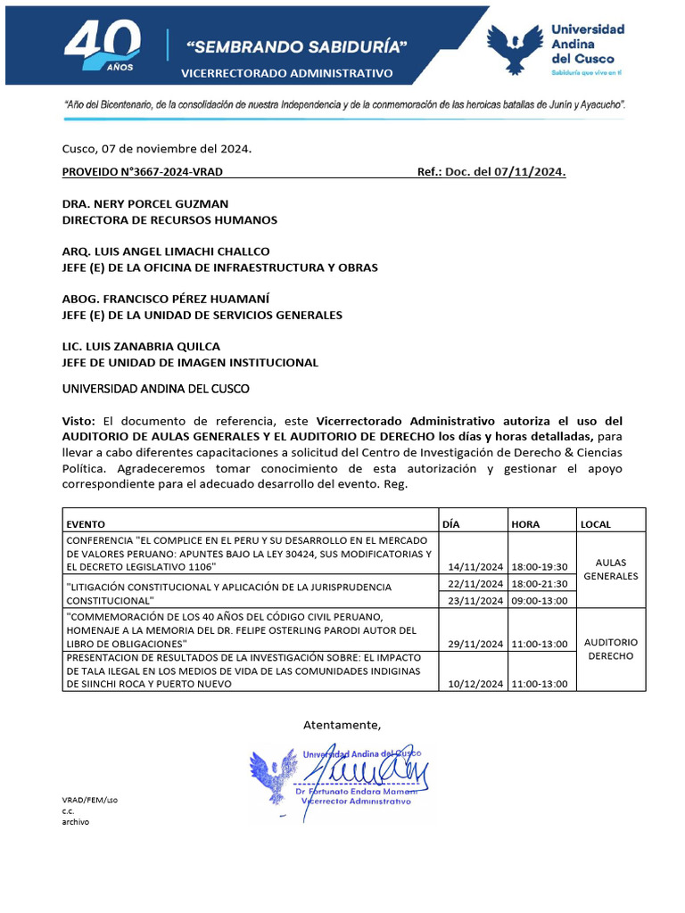 PROVEIDO N°3667-2024-U.VARIOS - AULAS GENERALES Y AUDITORIO DERECHO para C.I. DERECHO | PDF