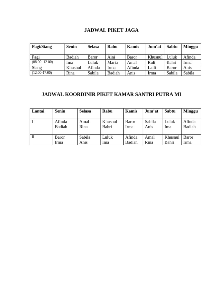 Jadwal Piket Jaga | PDF