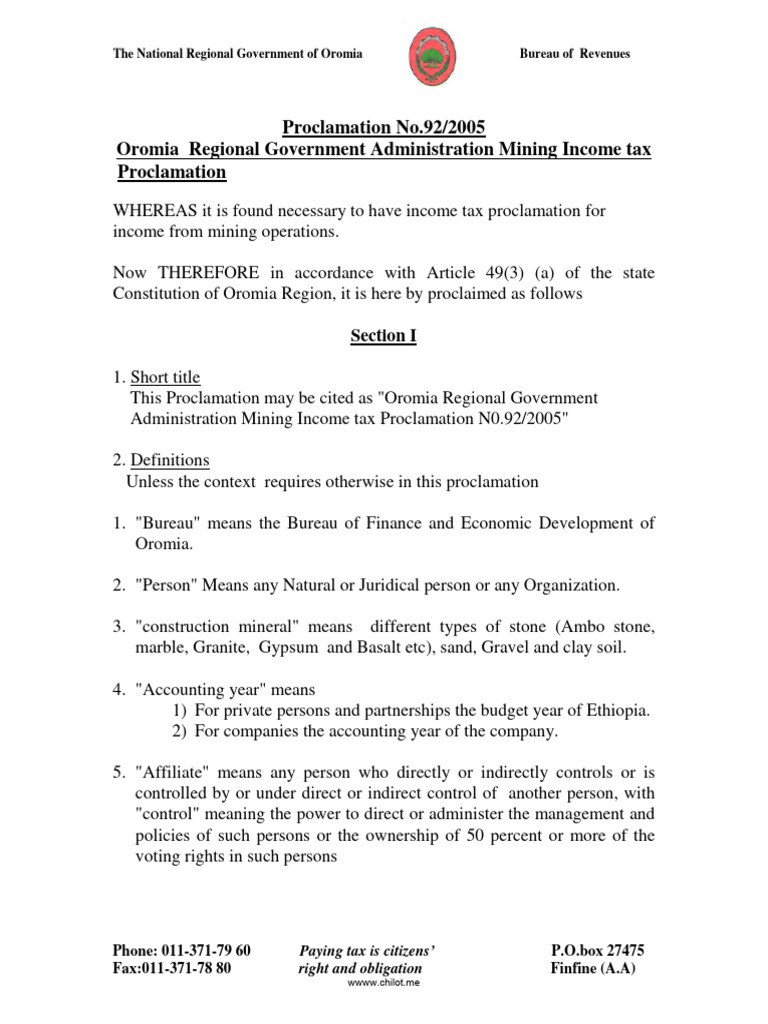 Oromia Mining Income Tax Proclamation | PDF | Expense | Taxes