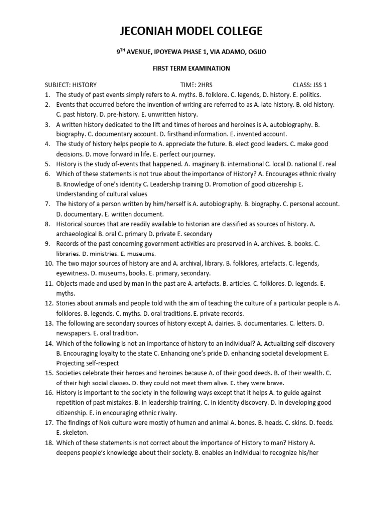 First Term Exam History jss1 | PDF | Nigeria