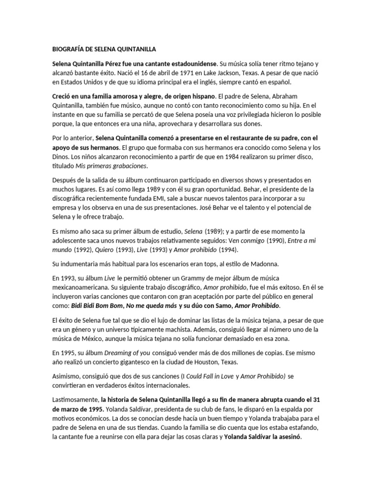 Biografía de Selena Quintanilla | PDF | Álbumes | Musica Popular